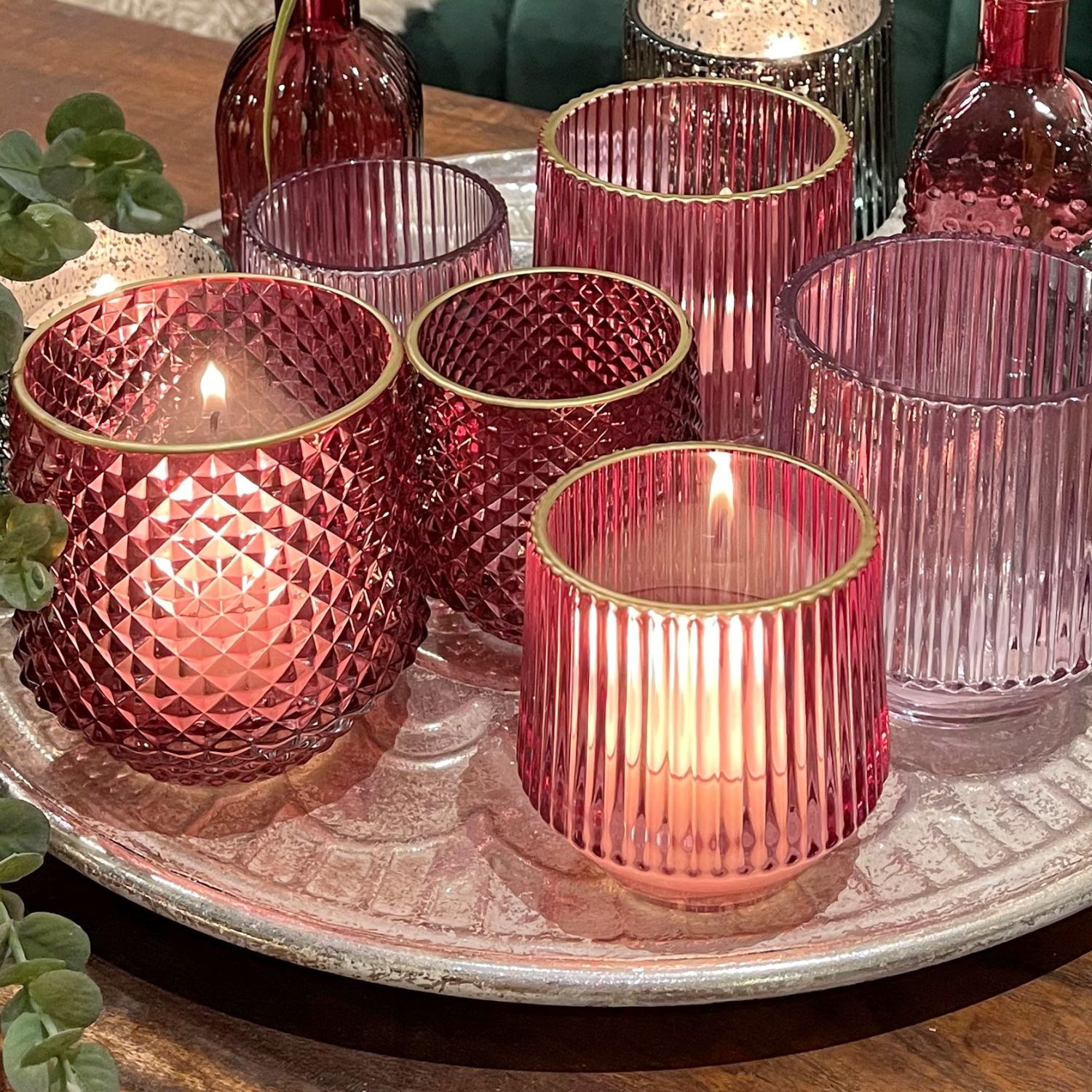 Windlicht geriffelt altrosa mit Goldrand ca. 8 cm Glas / Keramik / Metall - tewa-shop.de